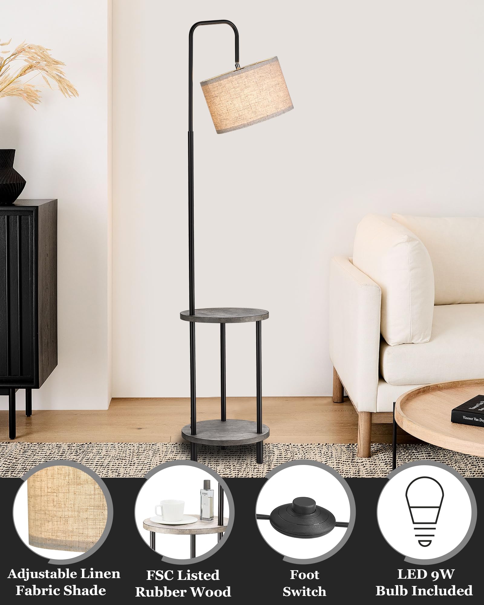 ELYONA Modern Floor Lamp with End Table, Rubber Wood Bedside Table Lamp with Adjustable Drum Shade, Rustic Tall Pole Shelf Reading Standing Light for Farmhouse Bedroom, Living Room, Office - Walnut