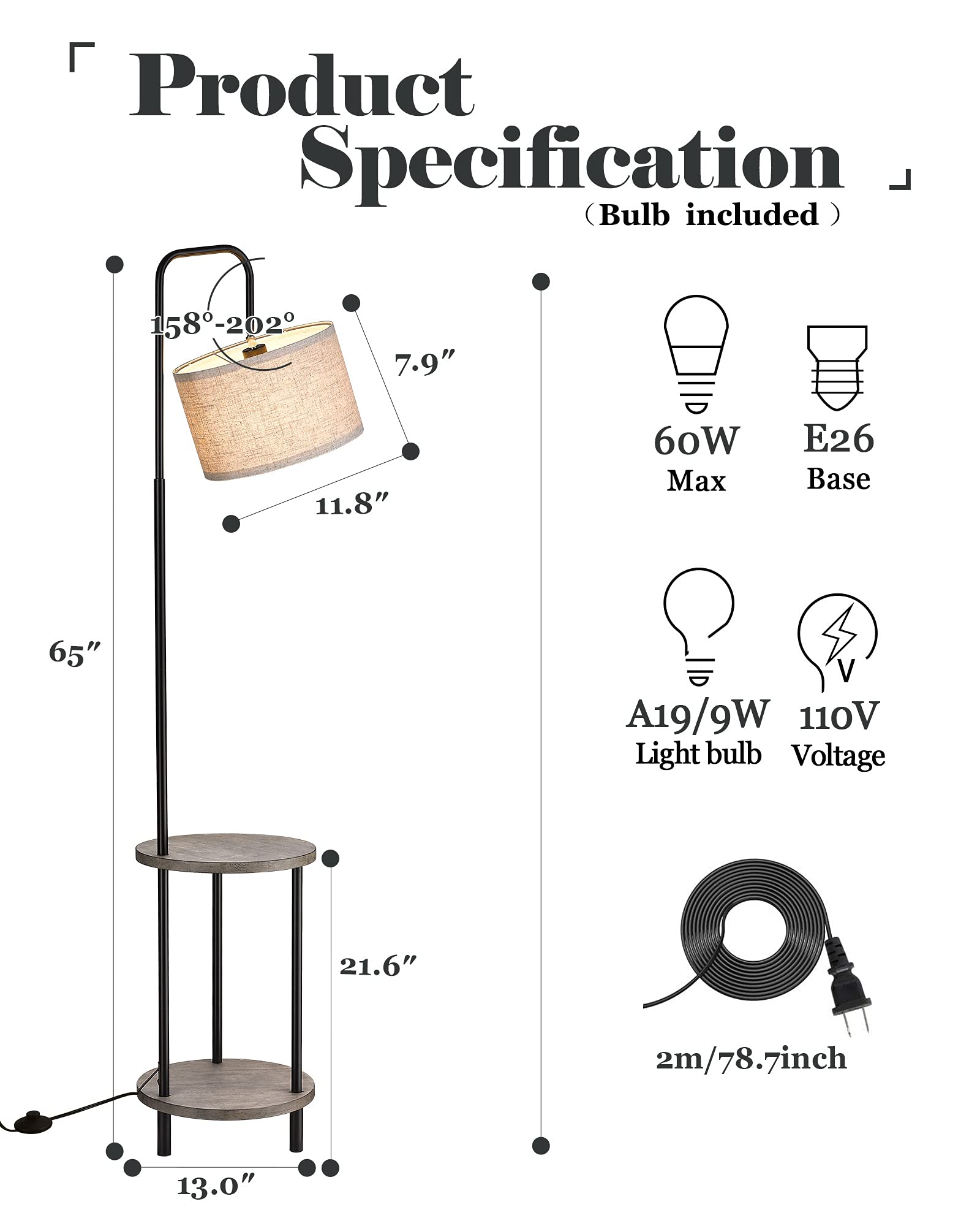 ELYONA Modern Floor Lamp with End Table, Rubber Wood Bedside Table Lamp with Adjustable Drum Shade, Rustic Tall Pole Shelf Reading Standing Light for Farmhouse Bedroom, Living Room, Office - Walnut