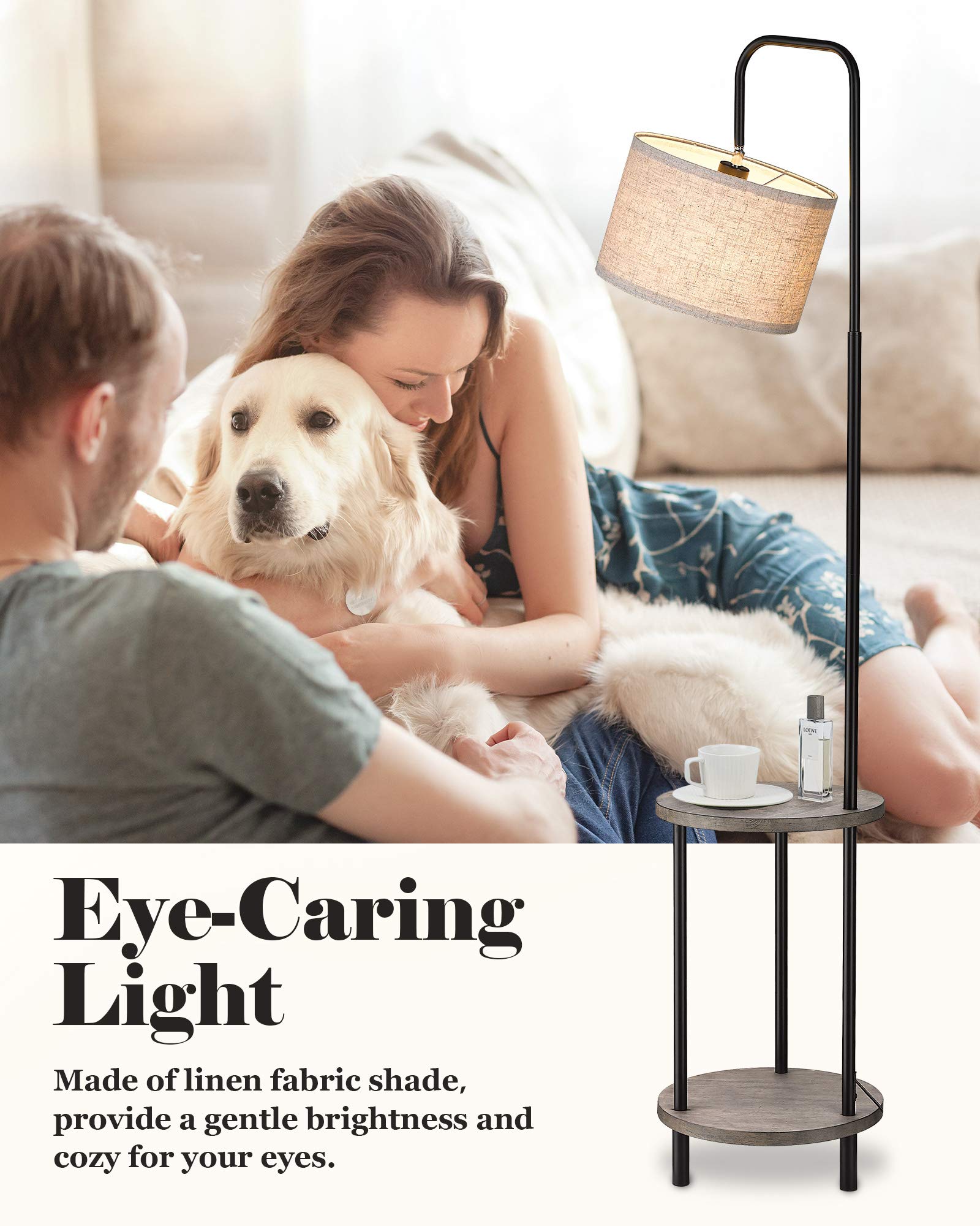 ELYONA Modern Floor Lamp with End Table, Rubber Wood Bedside Table Lamp with Adjustable Drum Shade, Rustic Tall Pole Shelf Reading Standing Light for Farmhouse Bedroom, Living Room, Office - Walnut