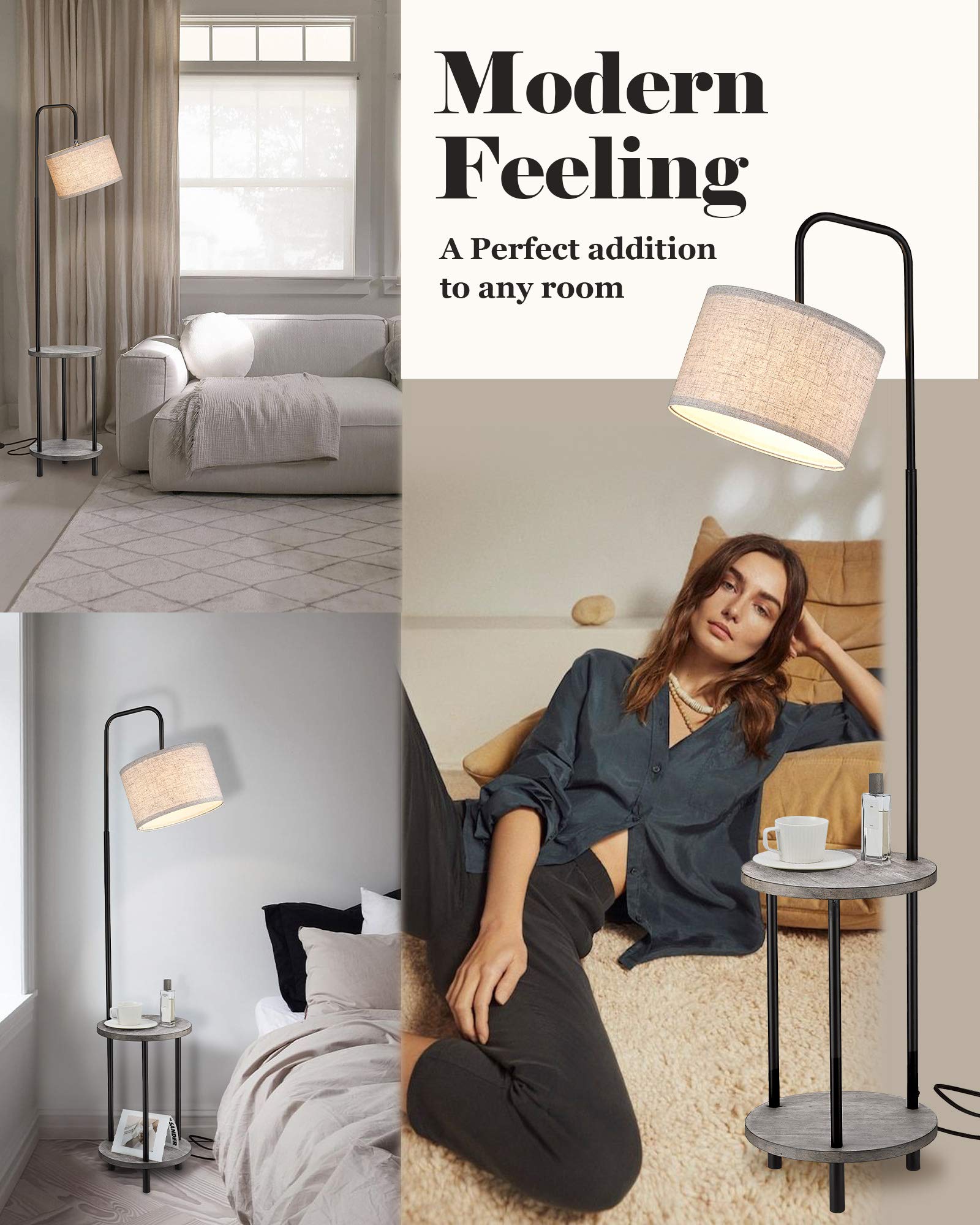 ELYONA Modern Floor Lamp with End Table, Rubber Wood Bedside Table Lamp with Adjustable Drum Shade, Rustic Tall Pole Shelf Reading Standing Light for Farmhouse Bedroom, Living Room, Office - Walnut