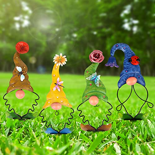 Adorafur Garden Gnome Stake Decoration Metal Yard Art Outdoor Statue Decor for Lawn Patio Pathway (4 Pieces)