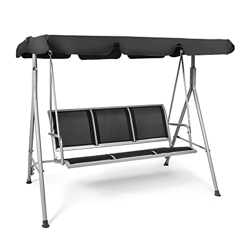 Vilobos Outdoor Patio Swing Chair, 3-Seater Porch Swing Bench with Adjustable Canopy and Duracble Metal Stand, Swing Set for Backyard, Porch and Garden, Black