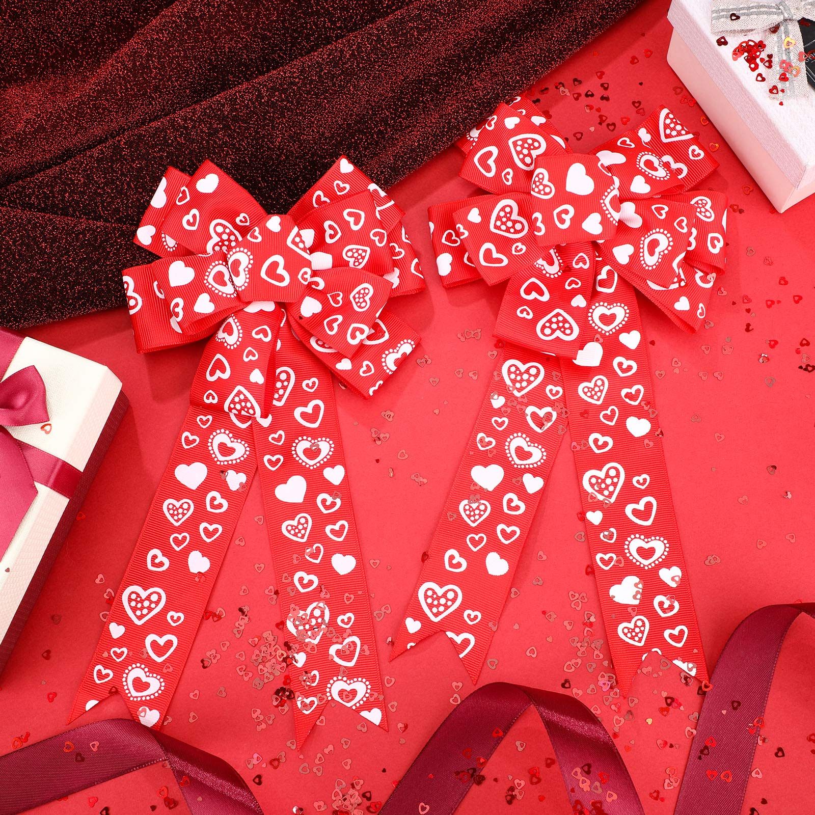 6 Pieces Valentine's Day Bows Decoration 5.9 x 11.8 Inches Red and White Heart Printed Bow for Valentine's Day Crafts DIY Bow Decoration