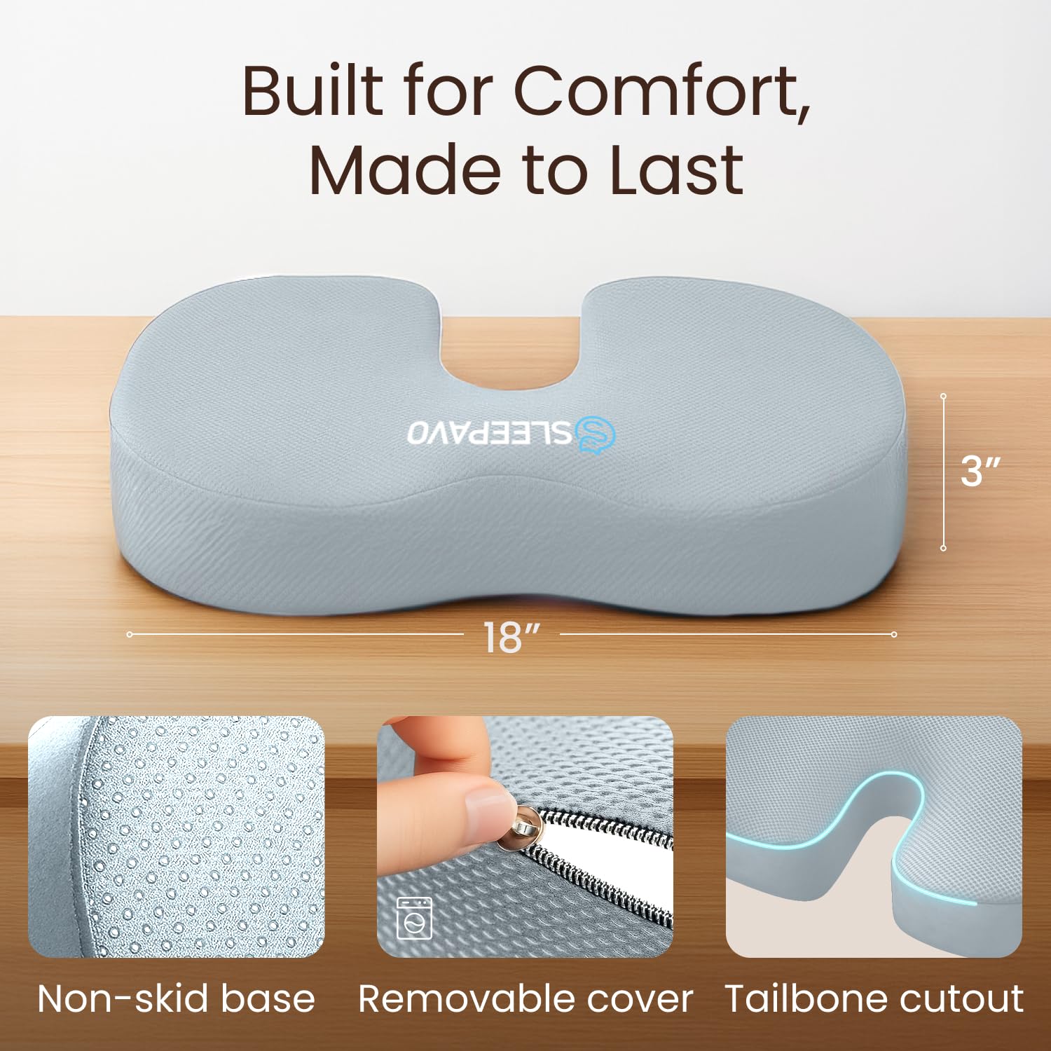 Sleepavo Black Memory Foam Seat Cushion for Office Chair - Pillow for Sciatica, Coccyx, Back, Tailbone & Lower Back Pain Relief - Orthopedic Chair Pad for Lumbar Support in Office Desk, Car & Airplane