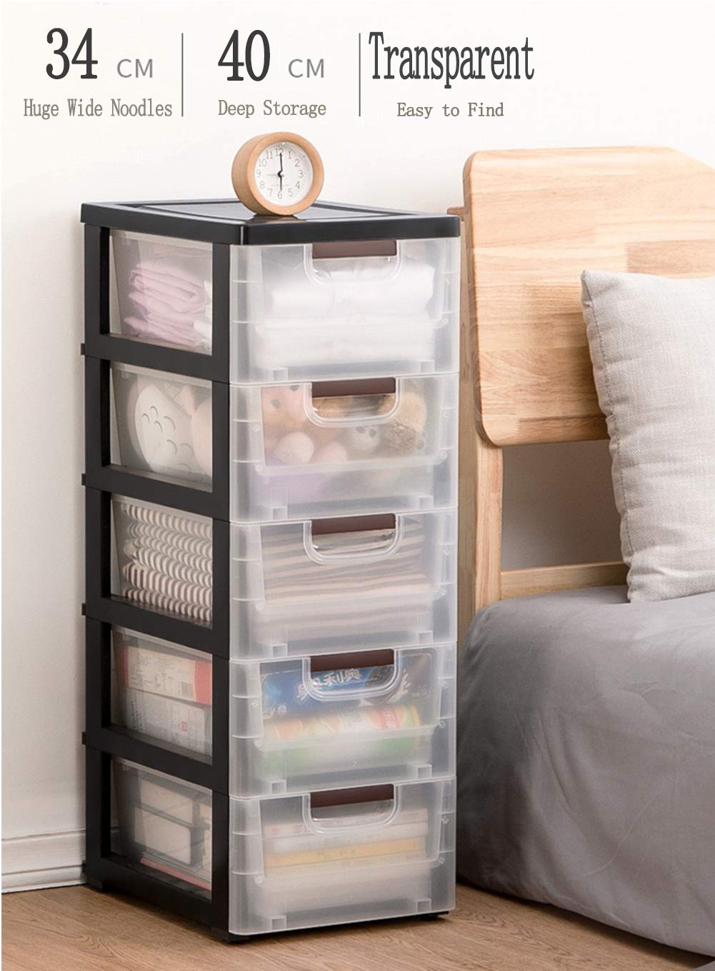 TENGZHENSHOP 5-Drawer Rolling orage Cart on Wheels, Clearview Craft orage ntainers Bins, Black Frame & Clear orage Drawers