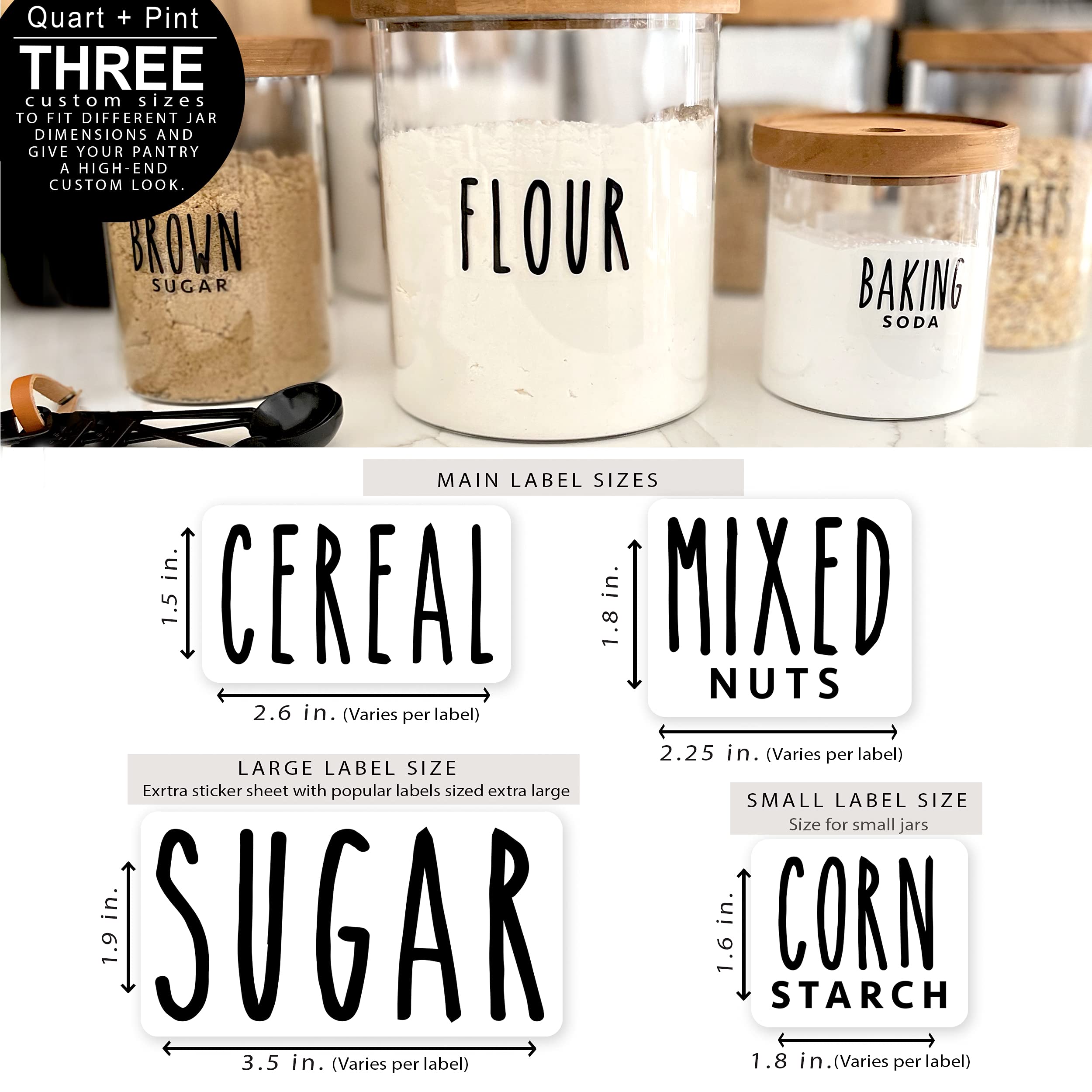 QUART + PINT 155 Kitchen Pantry Labels for Containers. Preprinted Clear Handwritten Stickers with Black Text. Waterproof Vinyl Stickers. Organization Labels for Jars Canisters & Home Storage Bins.