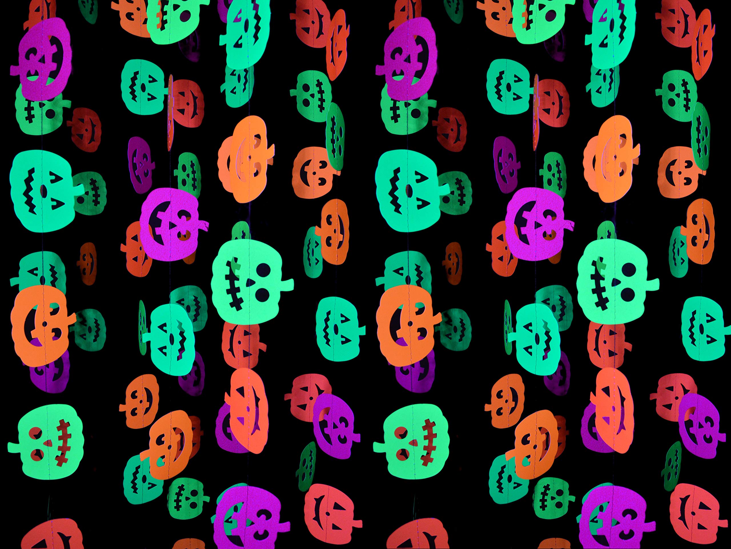 Midnight Glo Halloween Decoration 78ft Neon Pumpkin Garland Wall Hanging Decorations for Halloween Blacklight Reactive UV Glow Party (6 Pack)
