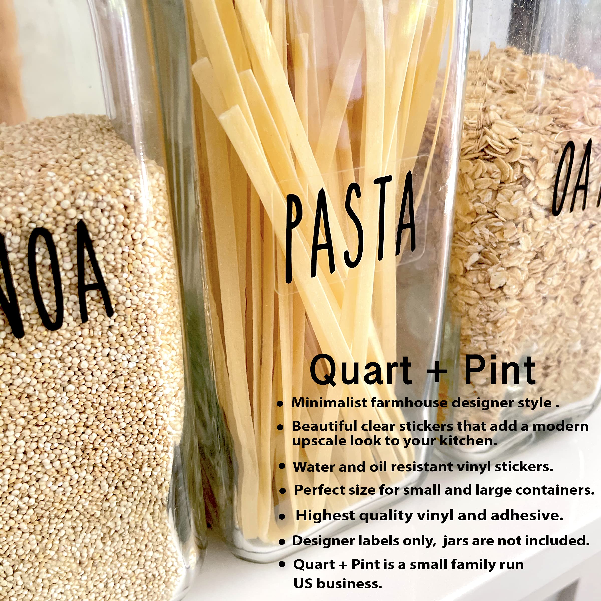 QUART + PINT 155 Kitchen Pantry Labels for Containers. Preprinted Clear Handwritten Stickers with Black Text. Waterproof Vinyl Stickers. Organization Labels for Jars Canisters & Home Storage Bins.