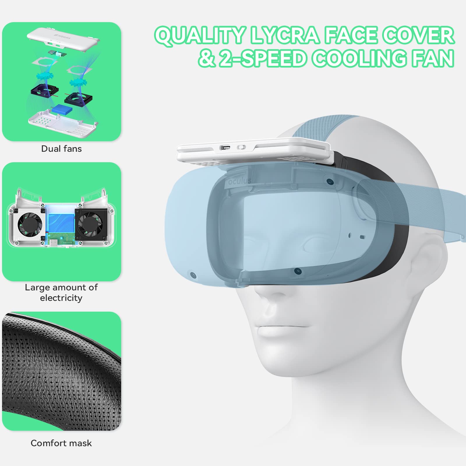 HiBloks Cooling Fan Face Cover for Meta/Oculus Quest 2 Accessories, Upgraded Soft PU Leather Face Cover, Quest 2 Cooling Fan Active Air Circulation Ventilation to Relieve Lens Fogging (2 Speeds)