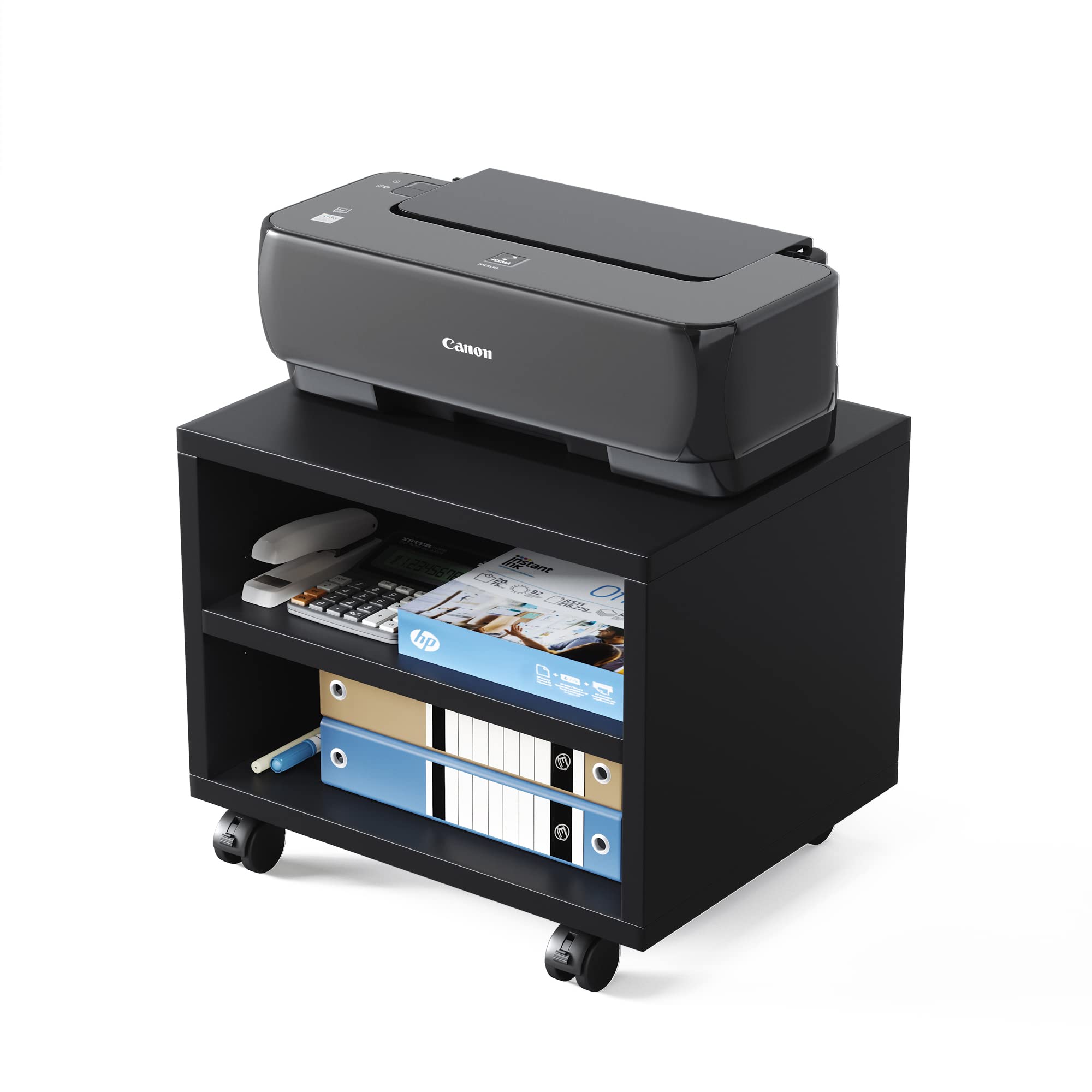 Deoxuefo Printer Stand with Storage - Wood Under Desk Printer Table with Wheels 15.7x11.8x14 Inch, 2 Tier Small Black Rolling Printer Cart for Home, Office, Scanner, Fax, Computer
