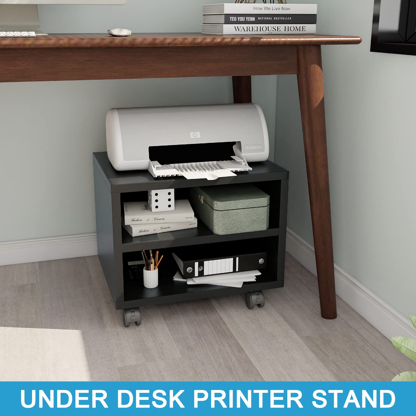 Deoxuefo Printer Stand with Storage - Wood Under Desk Printer Table with Wheels 15.7x11.8x14 Inch, 2 Tier Small Black Rolling Printer Cart for Home, Office, Scanner, Fax, Computer