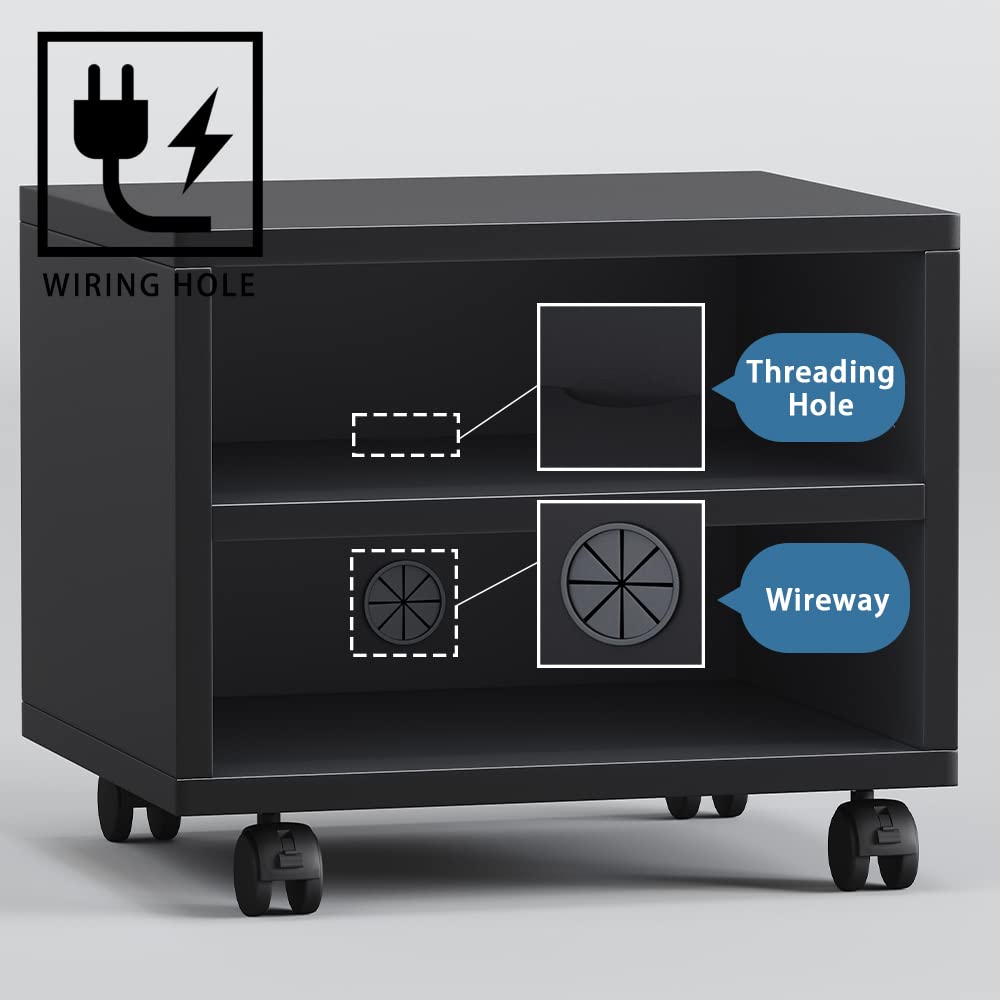 Deoxuefo Printer Stand with Storage - Wood Under Desk Printer Table with Wheels 15.7x11.8x14 Inch, 2 Tier Small Black Rolling Printer Cart for Home, Office, Scanner, Fax, Computer