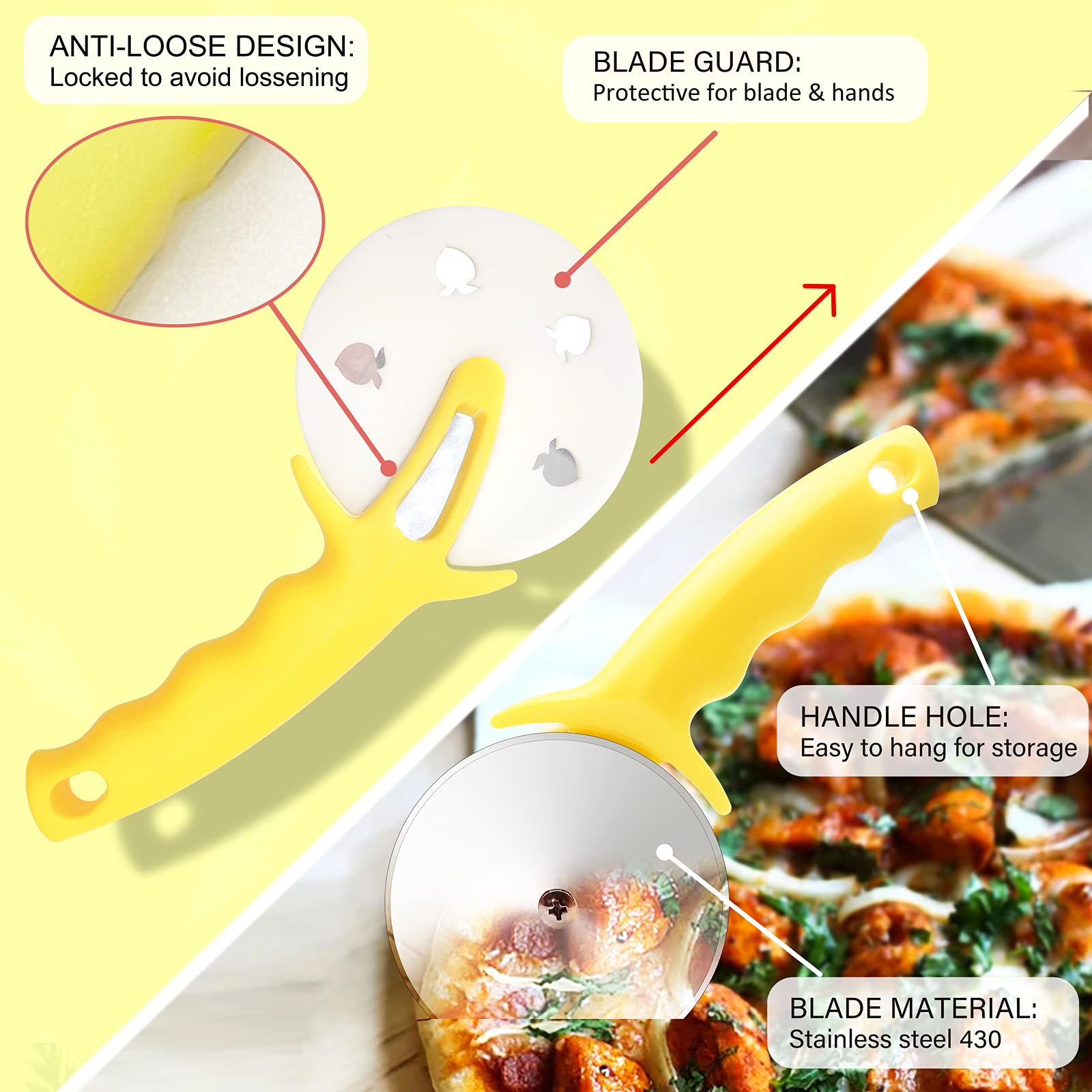 4-Inch Super Sharp Pizza Cutter Wheel,Stainless Steel Large Blade Pizza Cutter with Cover,Premium Kitchen Pizza Slicer with Good Grips Handle,Easy to Clean and Dishwasher Safe-Yellow
