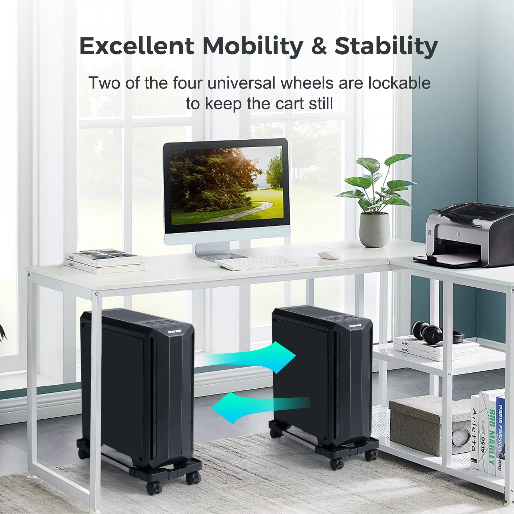 Computer Tower Stand,Hmseng Adjustable Mobile CPU Stand with 4 Rolling Caster Wheels, PC Tower Stand Fits Most PC Under Desk-Black