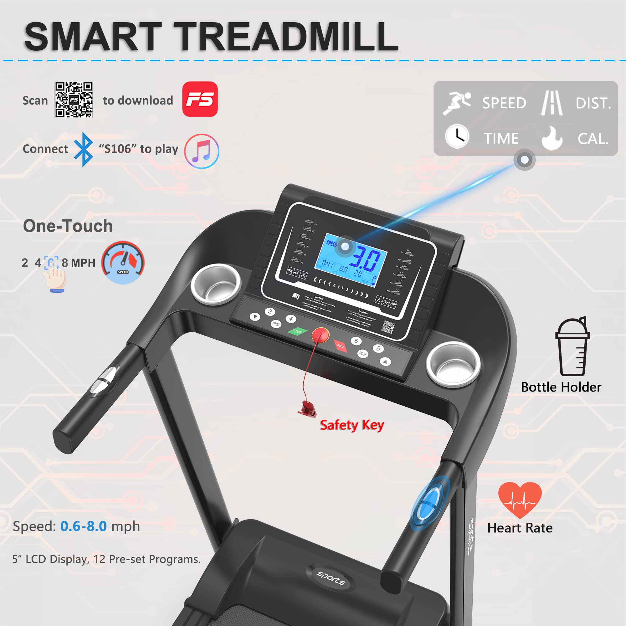 Anwick Foldable Treadmill, 2.5HP Electric Walking Machine, 5'' LCD Screen, 250 LB Capacity, MP3, Steel, Black