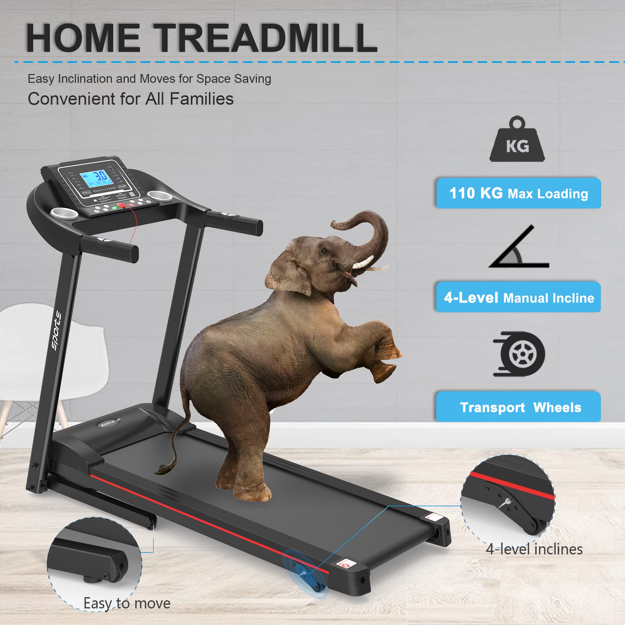 Anwick Foldable Treadmill, 2.5HP Electric Walking Machine, 5'' LCD Screen, 250 LB Capacity, MP3, Steel, Black