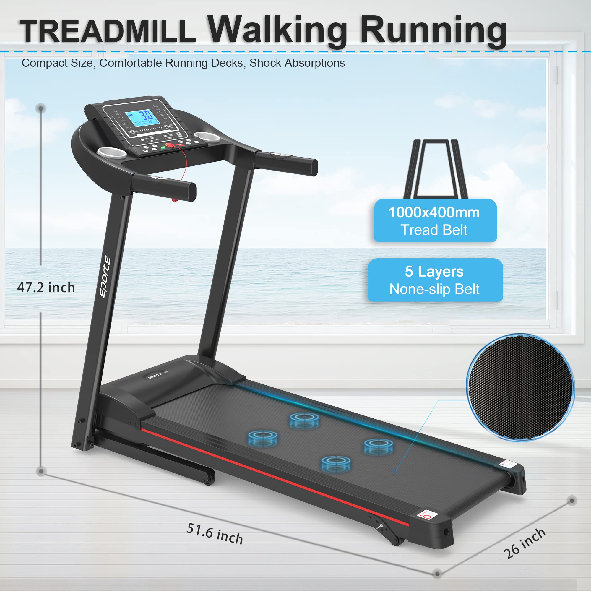 Anwick Foldable Treadmill, 2.5HP Electric Walking Machine, 5'' LCD Screen, 250 LB Capacity, MP3, Steel, Black