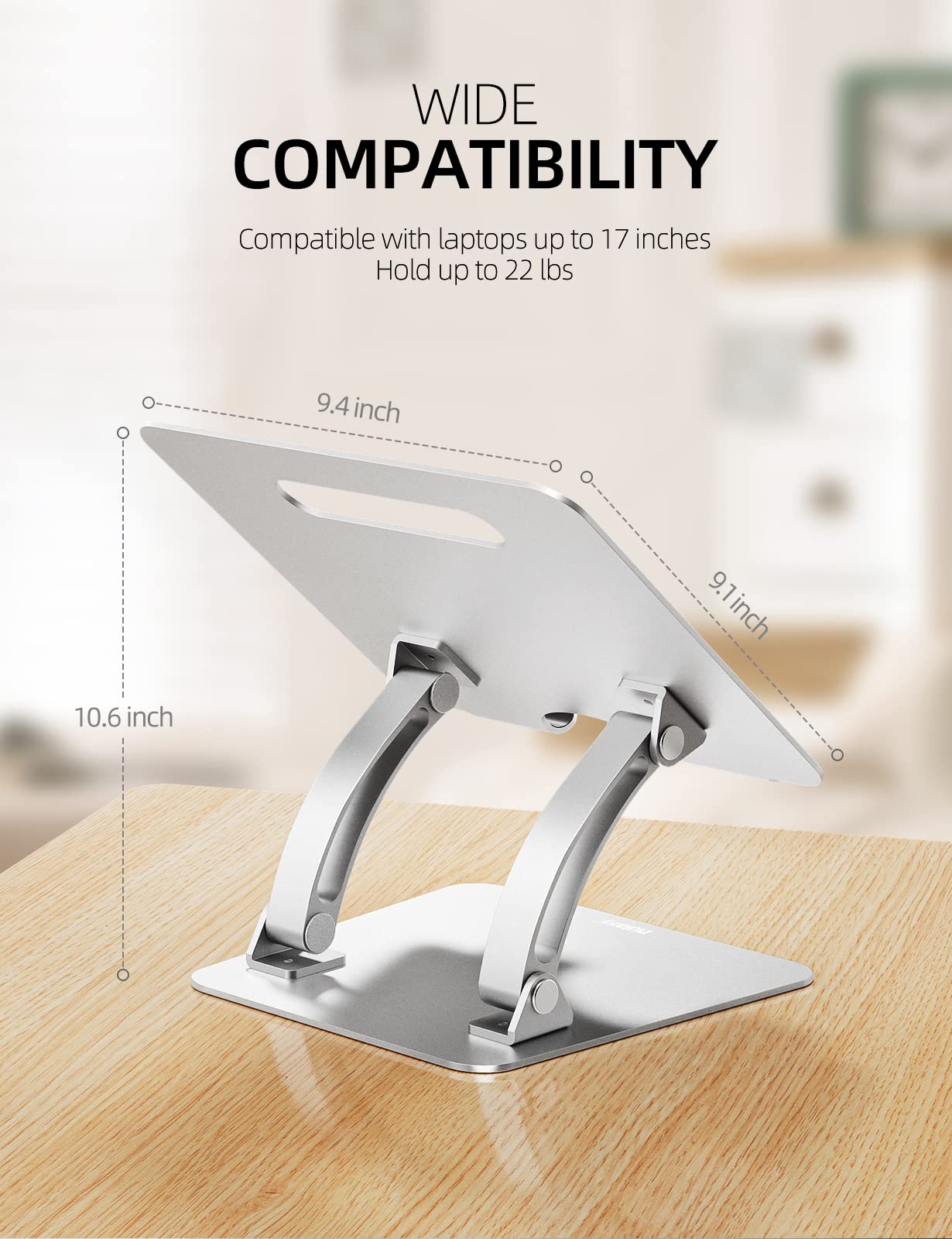 Nulaxy Laptop Stand for Desk, Ergonomic Height Angle Adjustable Laptop Riser Holder with Heat-Vent Computer Stand Compatible with 10-17" Up to 22 Lbs Laptop Notebook Computer Silver