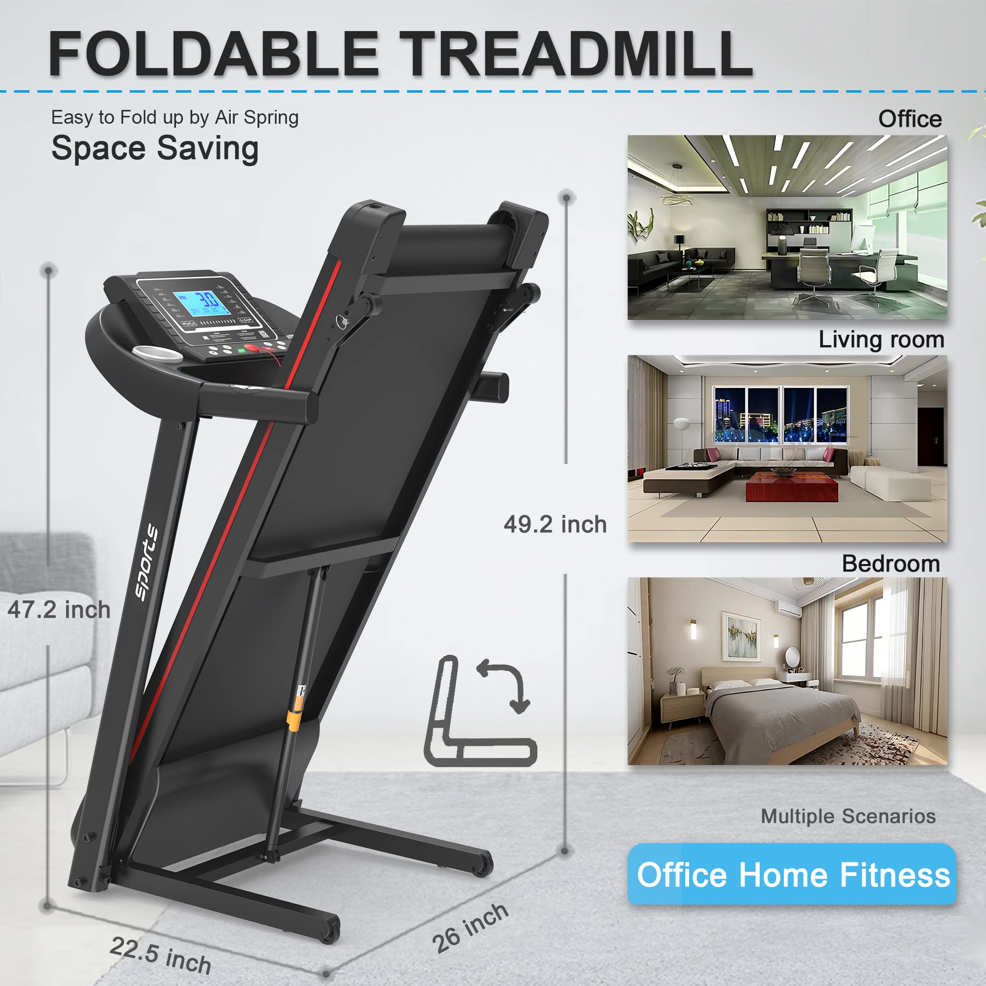 Anwick Foldable Treadmill, 2.5HP Electric Walking Machine, 5'' LCD Screen, 250 LB Capacity, MP3, Steel, Black
