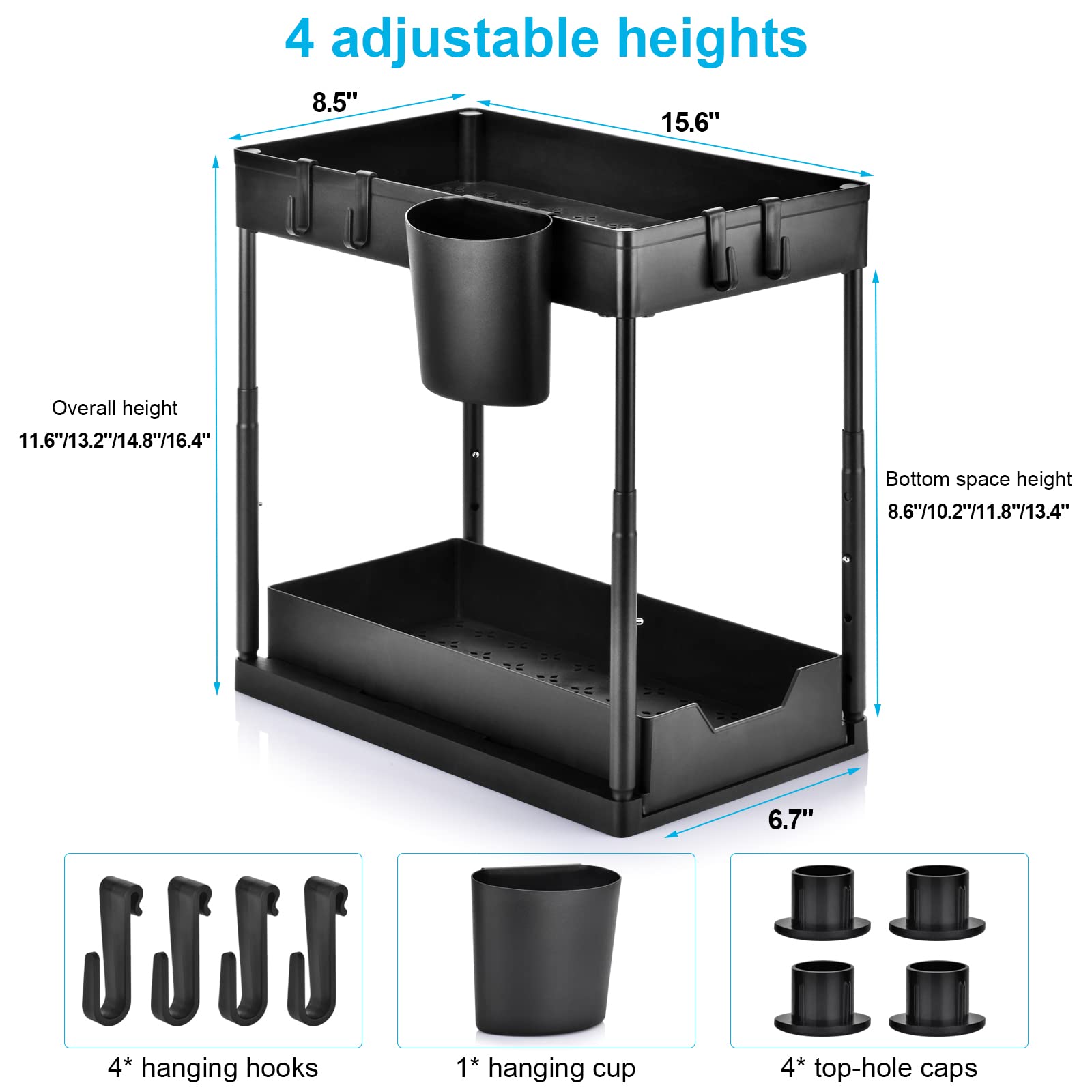 Height-adjustable Under Sink Organizers and Storage, 2-Tier Under the Sink Organizer with Sliding Drawer, Hooks, and Hanging Cup, Premium Bathroom Organizer Under Sink