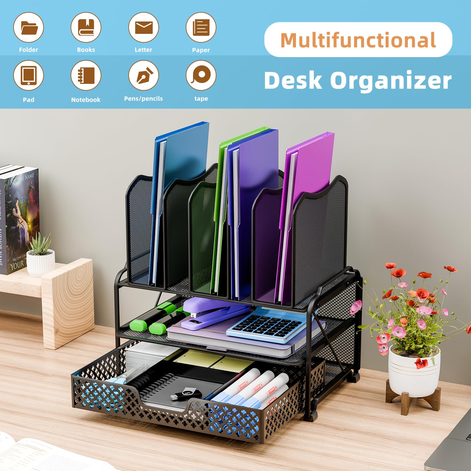 Simple Trending-Mesh Desk Organizer with Sliding Drawer, Double Tray with 5 Sections File Bookshelf, Black