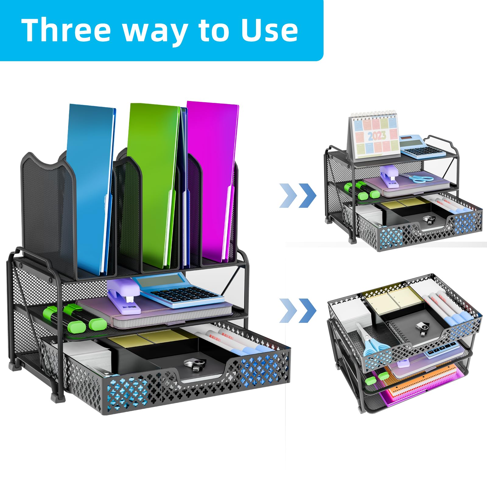 Simple Trending-Mesh Desk Organizer with Sliding Drawer, Double Tray with 5 Sections File Bookshelf, Black