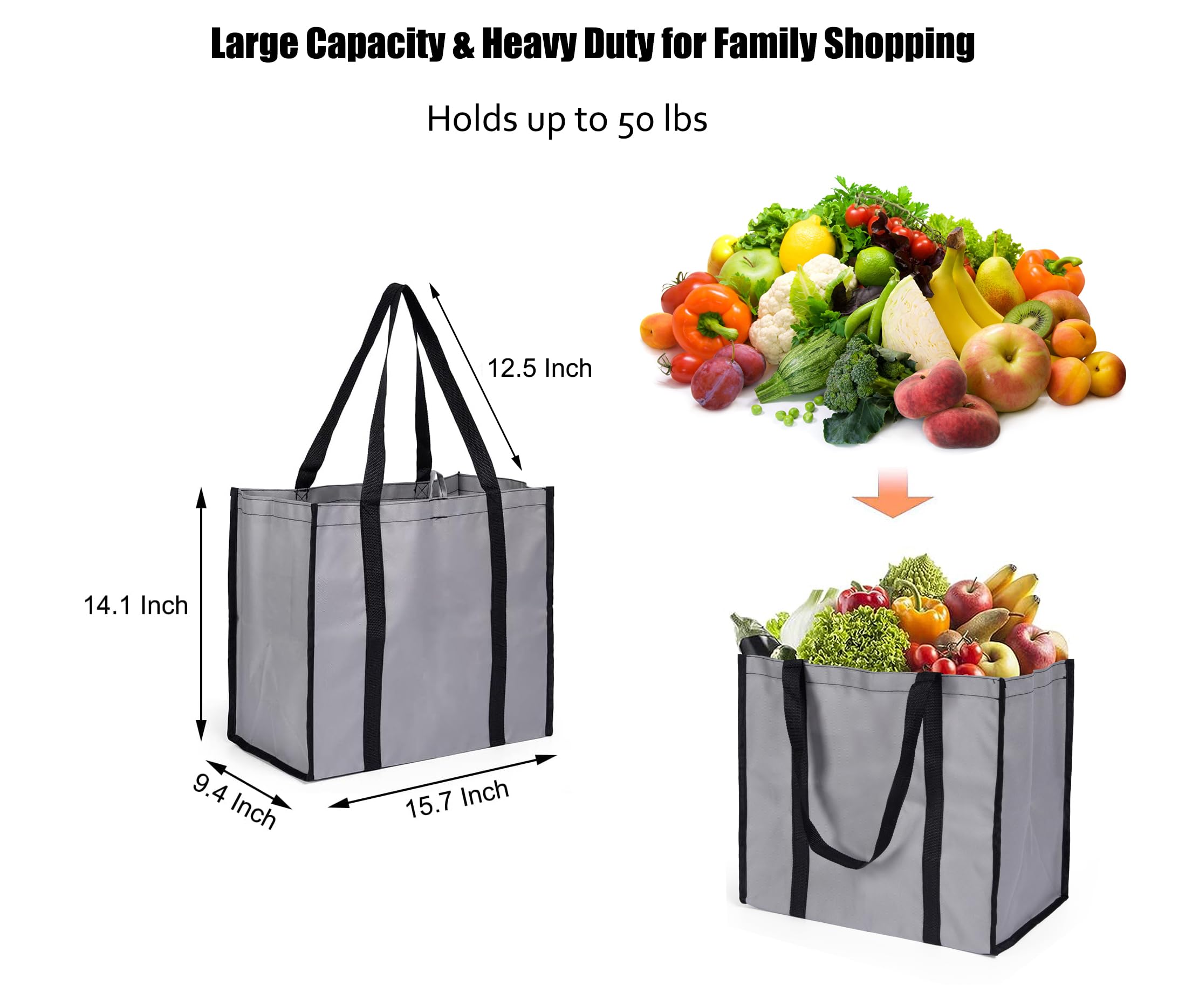 LONGTEAM Extra Large Reusable Foldable Shopping Bag, Fold Away Washable and Lightweight Shopper Bag with Reinforced Handles (3 Pack)