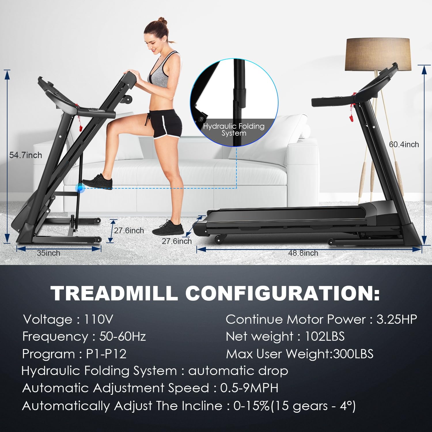 FUNMILY Treadmill with Auto Incline,3.25HP Folding Treadmills for Home 300 lbs Weight Capacity,Smart App Control Running Machine,Shock Absorption System,Bluetooth Audio Speaker,LED Display,Dark Black