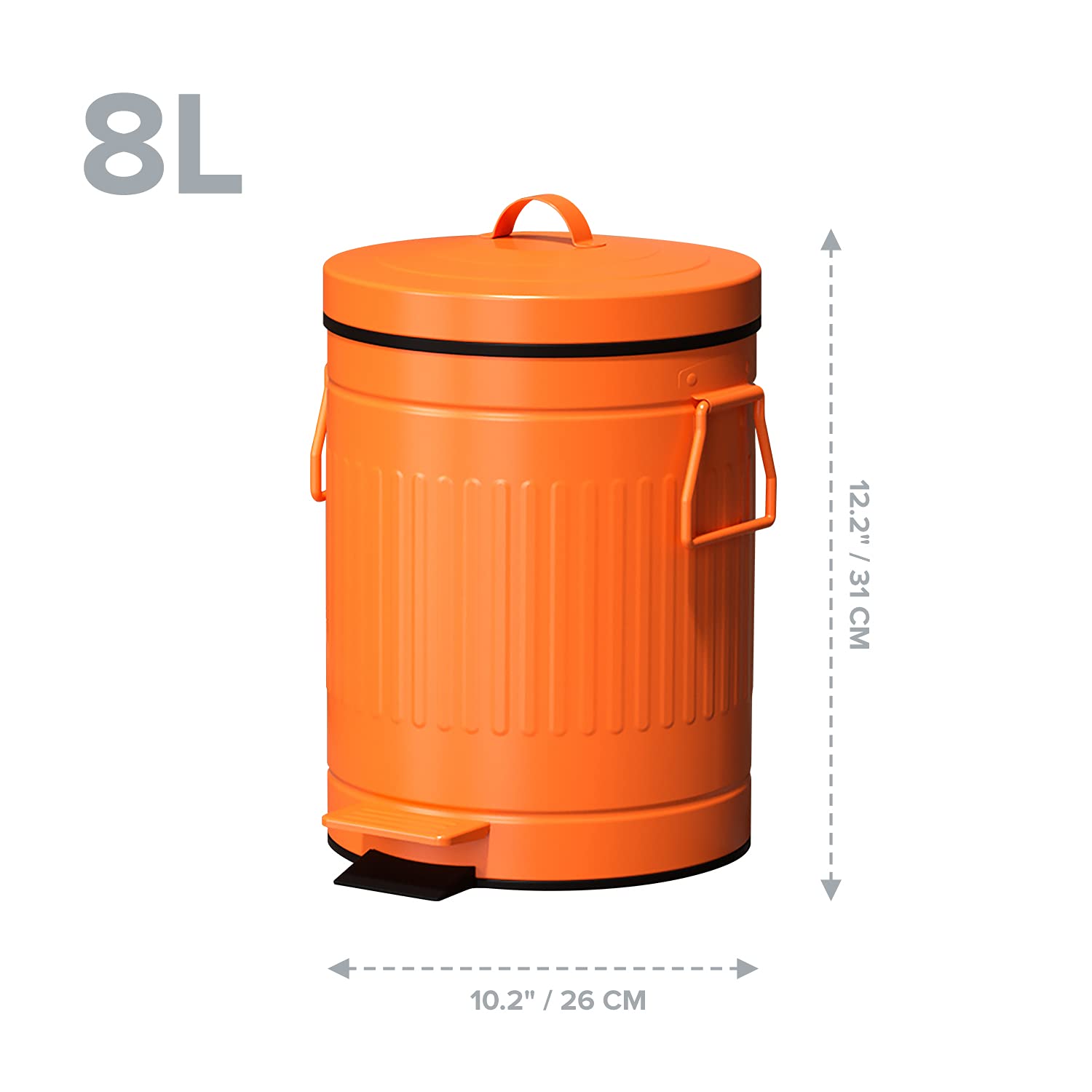 Retro Trash Can with Lid - 8L/2.1Gal Step Trash Can w/ Soft Closing Lid - Round Garbage Can w/ Handles - Touchless Trash Can w/ Removable Garbage Guard Bucket - Outdoor Garbage Can - Large Trash Can, Orange