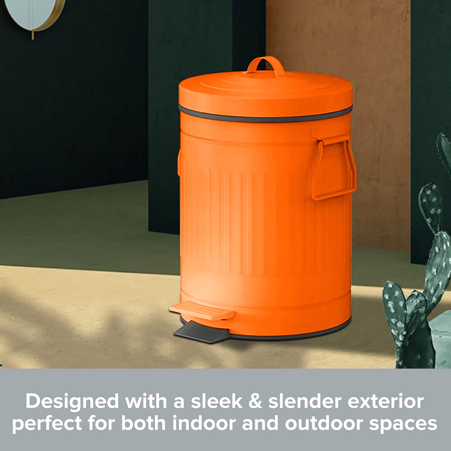 Retro Trash Can with Lid - 8L/2.1Gal Step Trash Can w/ Soft Closing Lid - Round Garbage Can w/ Handles - Touchless Trash Can w/ Removable Garbage Guard Bucket - Outdoor Garbage Can - Large Trash Can, Orange