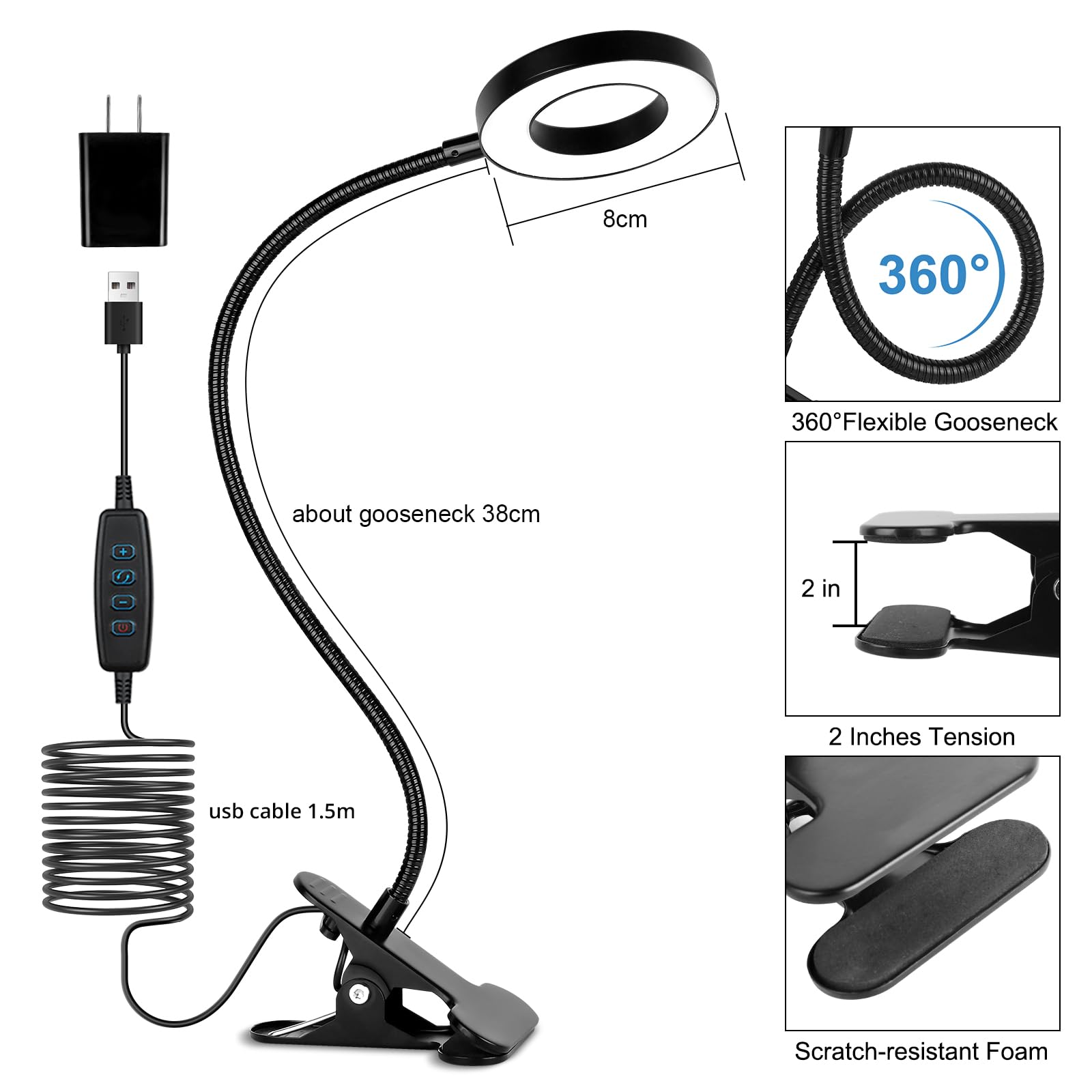 Woputne Desk Lamp Clip on Lamp, Clamp Lamp for Video Conference Lighting, Desk Light for Home Office, USB Reading Lamp Flexible Ring Light for Headboard, Computer Webcam, Zoom Meeting