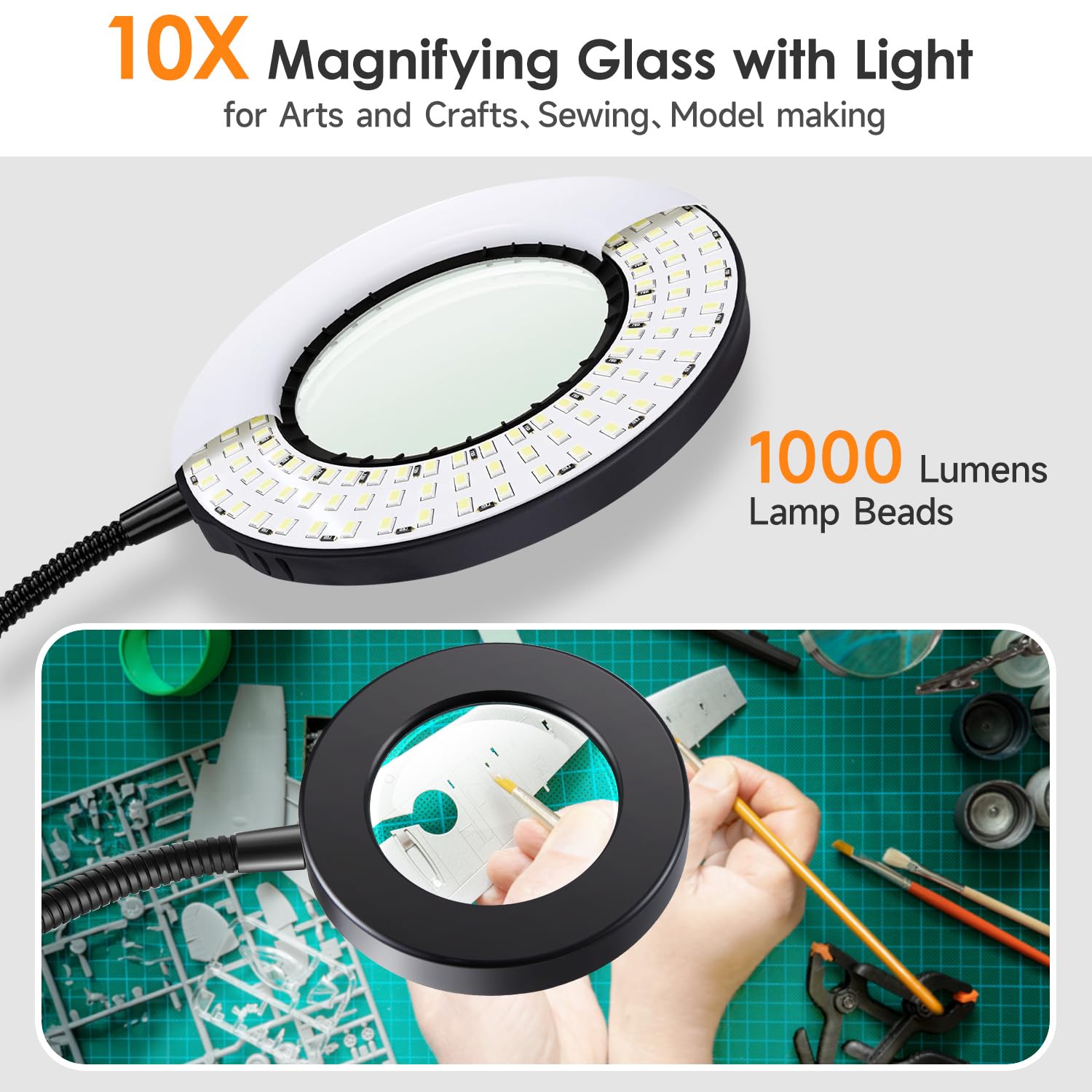 Magnifying Glass with Light 5X, 9w Clip on Light, 48 LED Desk Lamp wtih Clamp Light, 3 Modes Dimmable Magnifying Lamp, LED Desk Light, Clamp Lamp, Clip on Lamps for Bed Desk Work Crafts Workbench