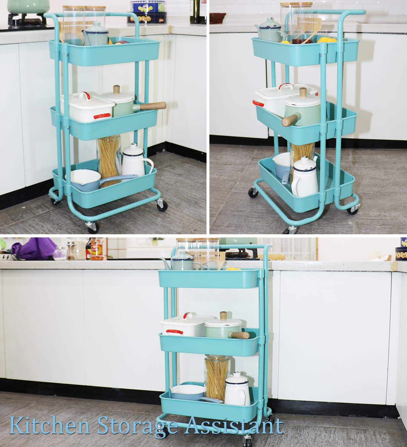 Piowio 3 Tier Utility Rolling Cart Multifunction Organizer Shelf Storage Cart with 3 Piece Cups and 8 Piece Hooks for Home Kitchen Bathroom Laundry Room Office Store etc. (Blue)
