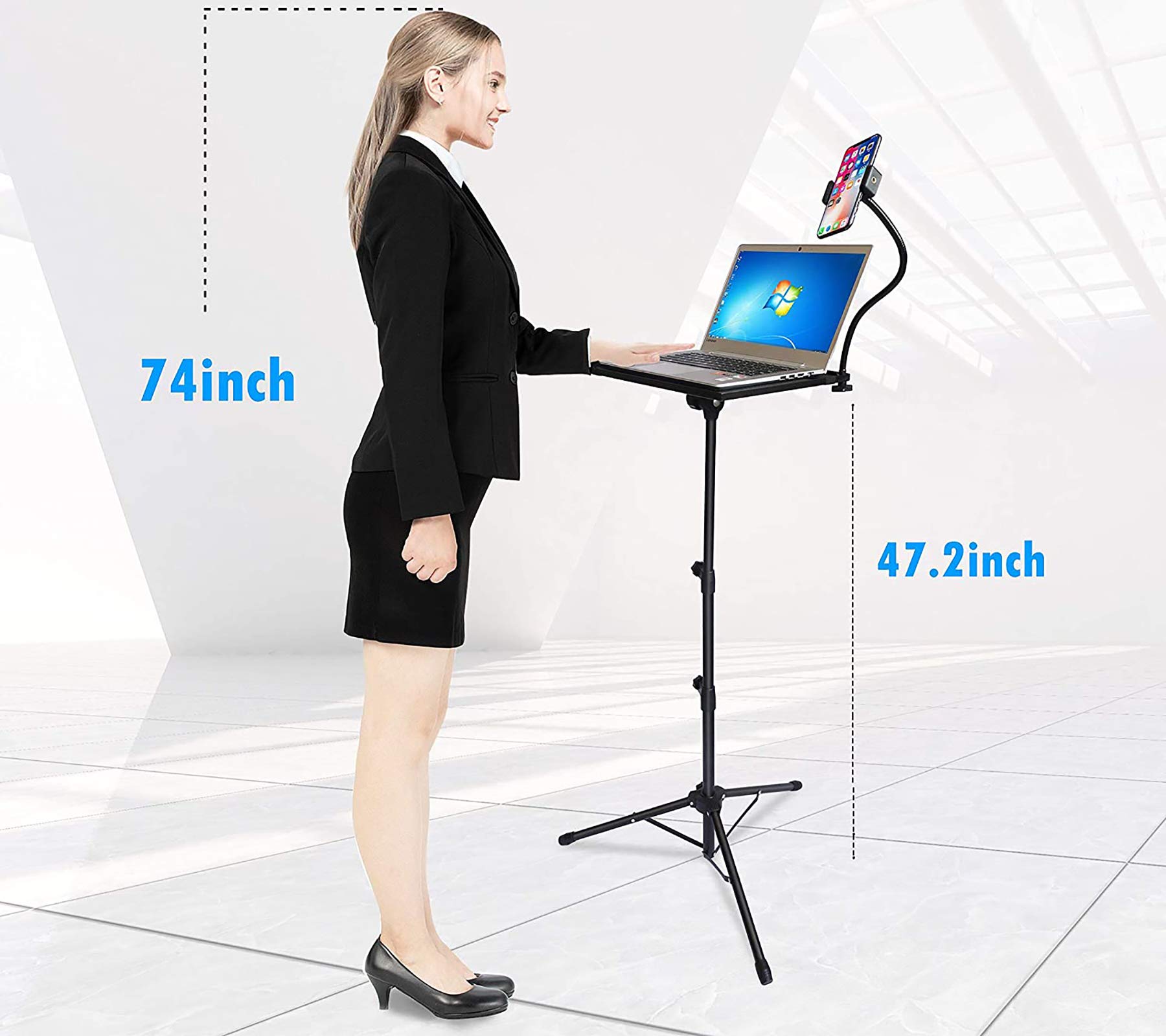 Projector Stand,Laptop Tripod Stand Adjustable Height 17.7 to 47.2 Inch with Gooseneck Phone Holder, Portable Projector Stand Tripod for Outdoor Movies-Detachable Computer DJ Racks Holder Mount