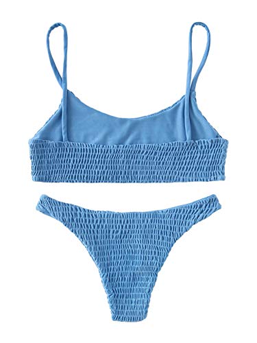 Verdusa Women's 2 Peices Textured Bathing Suit Smocked Wireless Bikini Bandeau Top Thong Swimsuit Blue M