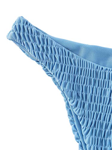 Verdusa Women's 2 Peices Textured Bathing Suit Smocked Wireless Bikini Bandeau Top Thong Swimsuit Blue M