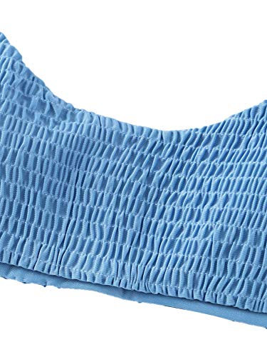 Verdusa Women's 2 Peices Textured Bathing Suit Smocked Wireless Bikini Bandeau Top Thong Swimsuit Blue M
