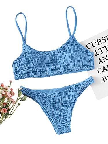 Verdusa Women's 2 Peices Textured Bathing Suit Smocked Wireless Bikini Bandeau Top Thong Swimsuit Blue M