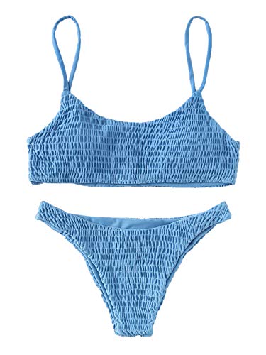 Verdusa Women's 2 Peices Textured Bathing Suit Smocked Wireless Bikini Bandeau Top Thong Swimsuit Blue M