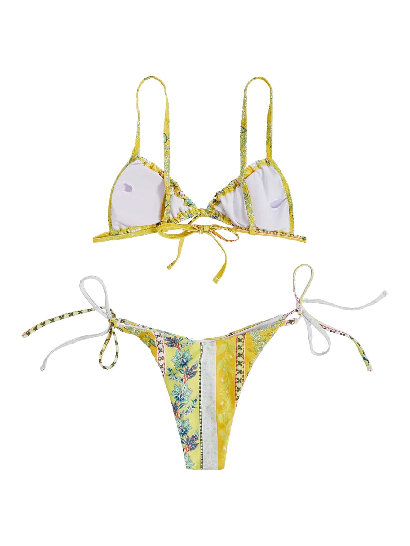 WDIRARA Women's Floral Print Tie Side Swimwear Straps Bikini Sets Swimsuits Yellow Floral M