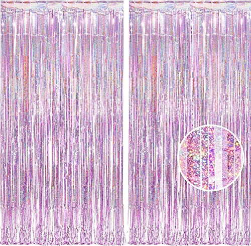 BRAVESHINE Pink Glitter Tinsel Foil Fringe Curtains - 2 Pcs 3.2x8.2 ft Metallic Holiday Photo Backdrop for Girl Princess Birthday Wedding Unicorn Bridal Shower Bachelorette Party Supplies Decorations