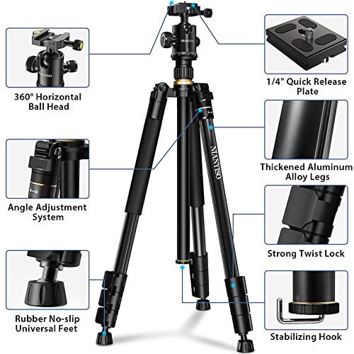 77” DSLR Camera Tripod for Travel - NIANYISO Compact Tripod for Camera, Professional Tripod with 36mm 360 Degree Ball Head, Lightweight Aluminum Camera Tripods & Monopods Load up to 33 lbs