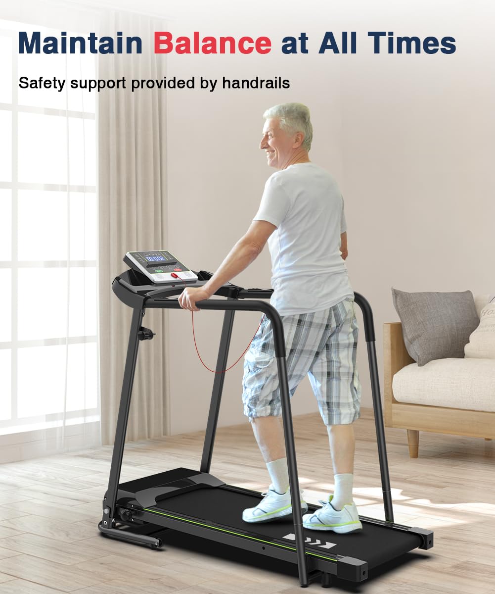 Redliro Walking Treadmill for Senior with Long Handrail, 300 lbs Capacity, Recovery Fitness Exercise Machine Foldable for Home with LCD Display, Holder for Phone & Cup