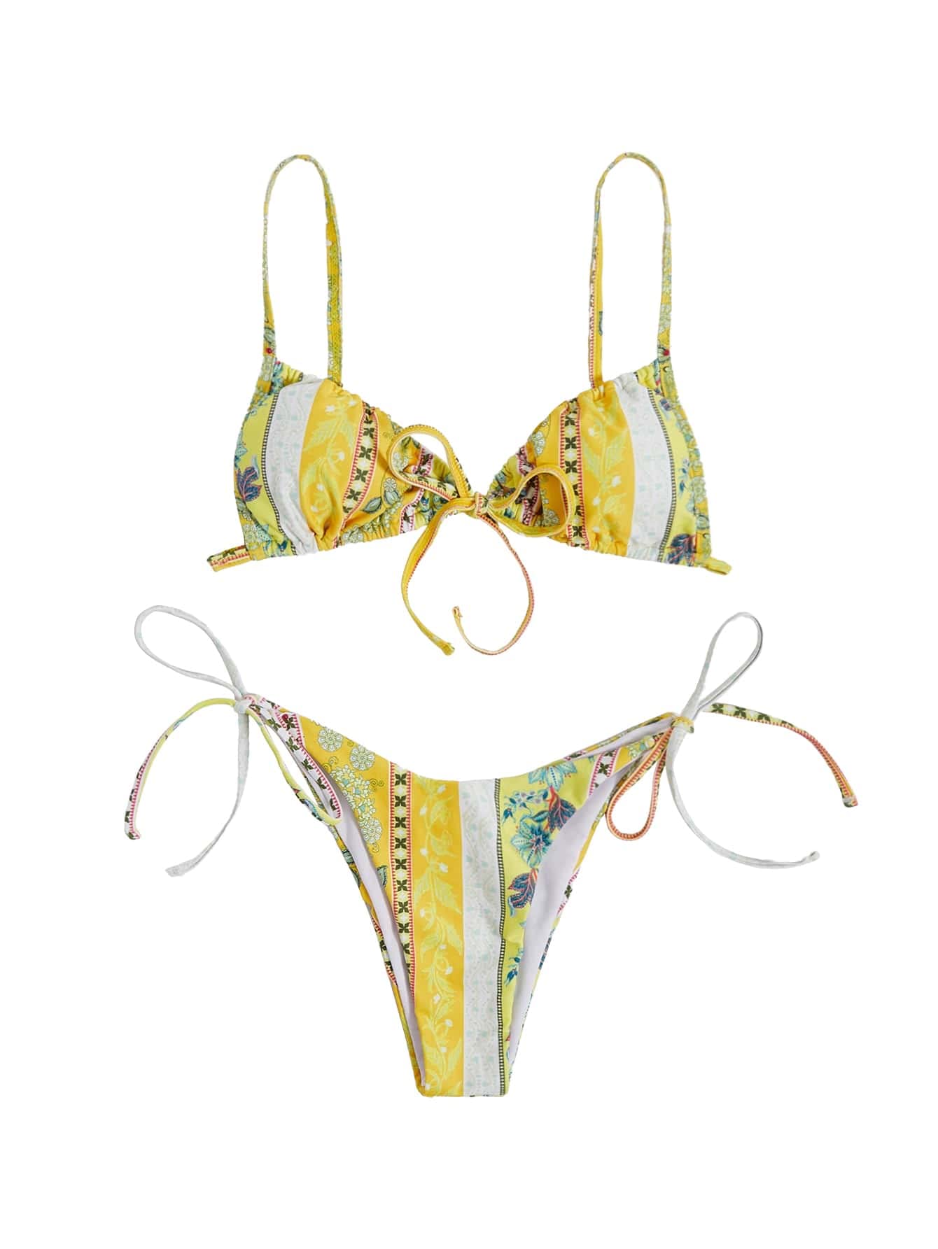 WDIRARA Women's Floral Print Tie Side Swimwear Straps Bikini Sets Swimsuits Yellow Floral M