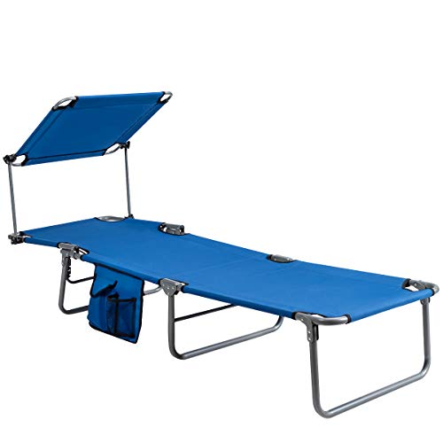 Giantex Lounge Chaise Chair Position and Shade Adjustable W/Canopy and Storage Pocket Folding Cot Recliner for Garden, Yard, Pool Side and Beach Sunbathing Folding Lounge Chairs(1, Navy)