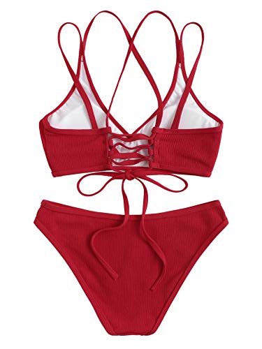 SweatyRocks Women's Bathing Suits Spaghetti Strap Criss Cross Back Bikini Ribbed Swimsuit Red Small