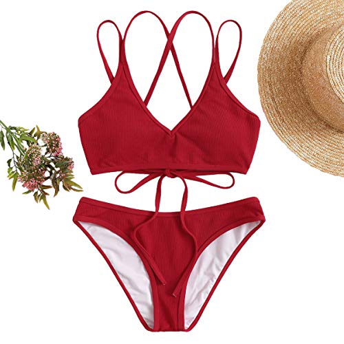 SweatyRocks Women's Bathing Suits Spaghetti Strap Criss Cross Back Bikini Ribbed Swimsuit Red Small