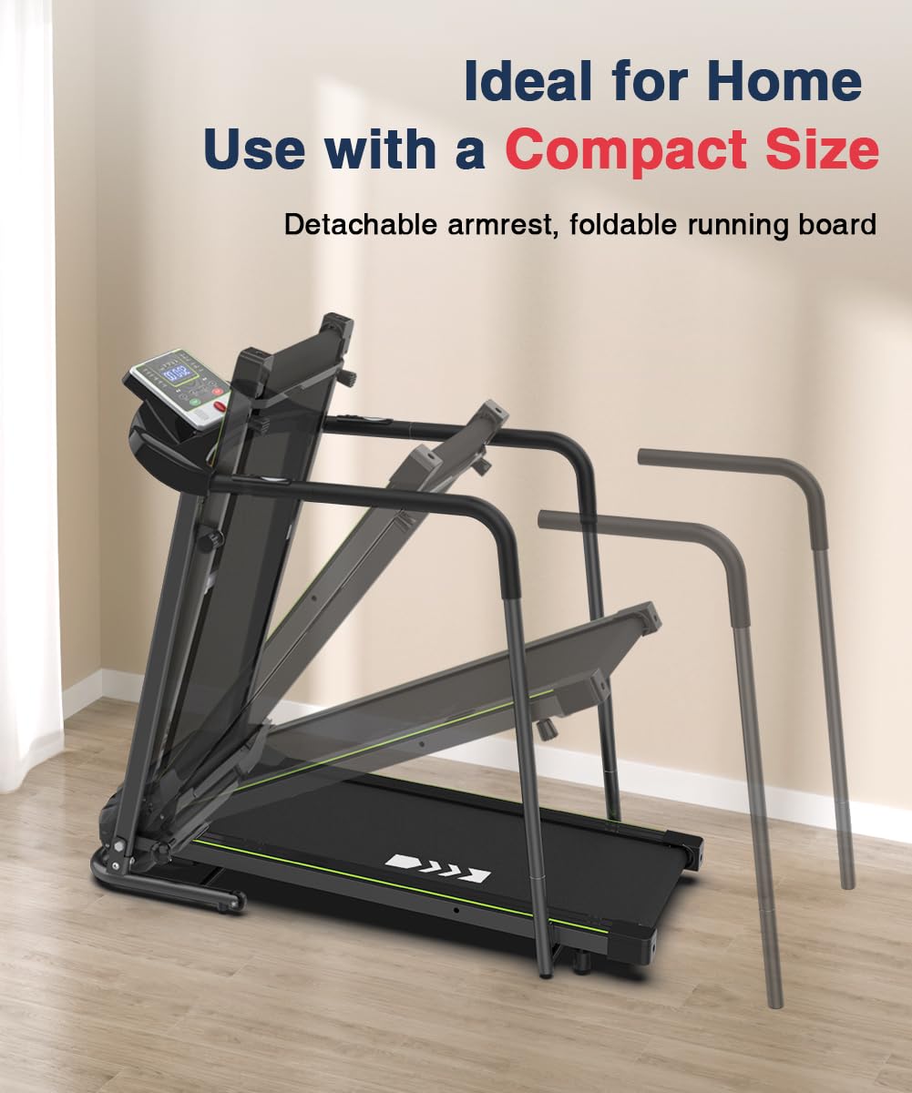 Redliro Walking Treadmill for Senior with Long Handrail, 300 lbs Capacity, Recovery Fitness Exercise Machine Foldable for Home with LCD Display, Holder for Phone & Cup