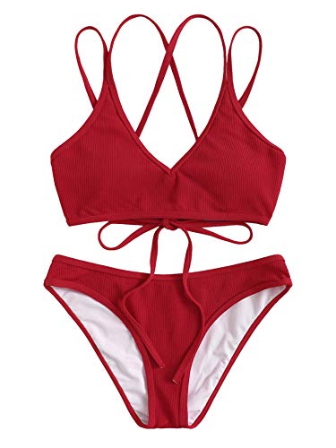 SweatyRocks Women's Bathing Suits Spaghetti Strap Criss Cross Back Bikini Ribbed Swimsuit Red Small
