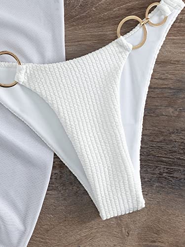WDIRARA Women's Ring Halter Triangle Bikini Swimsuit 3 Piece Tie Back with Cover Up Bathing Suit White XXL